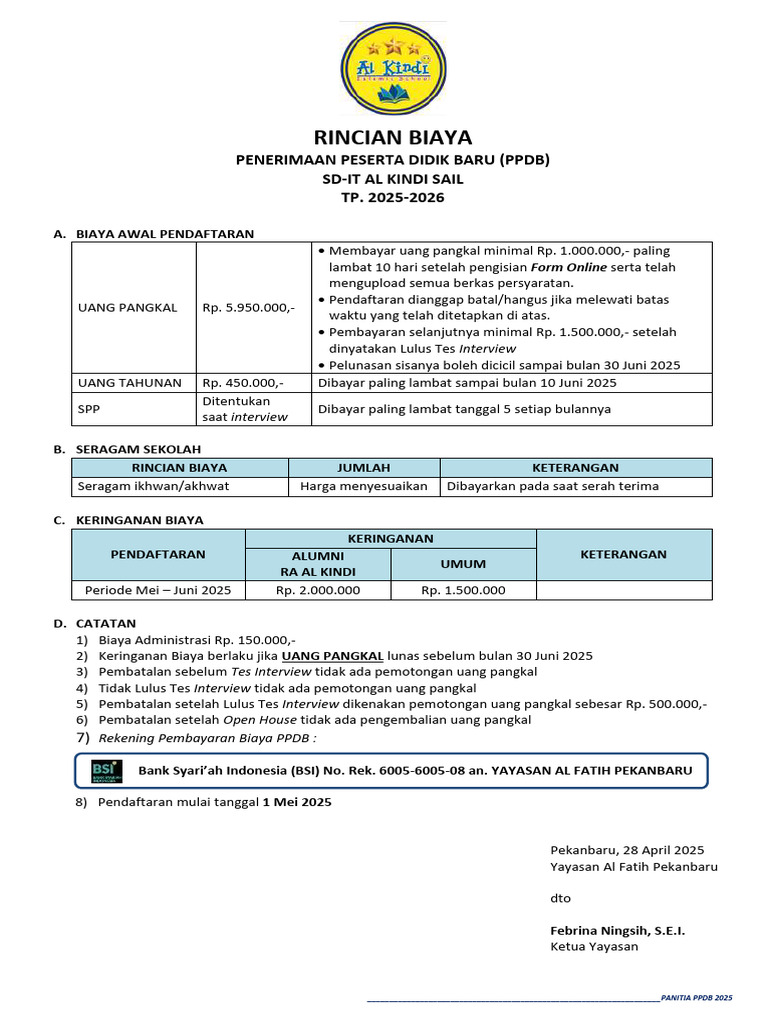 Biaya PPDB SD-IT Al Kindi 2025-2026 | PDF
