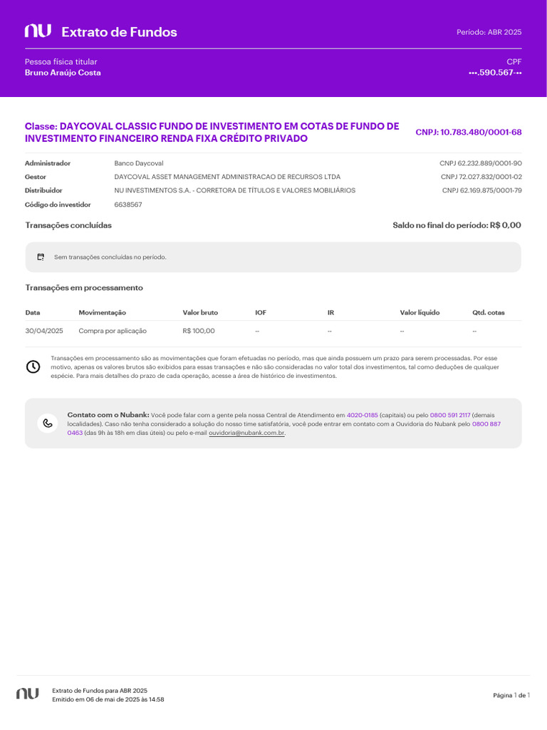Nubank Extrato de Fundos 2025-04 | PDF | Fundos mútuos | Investimentos