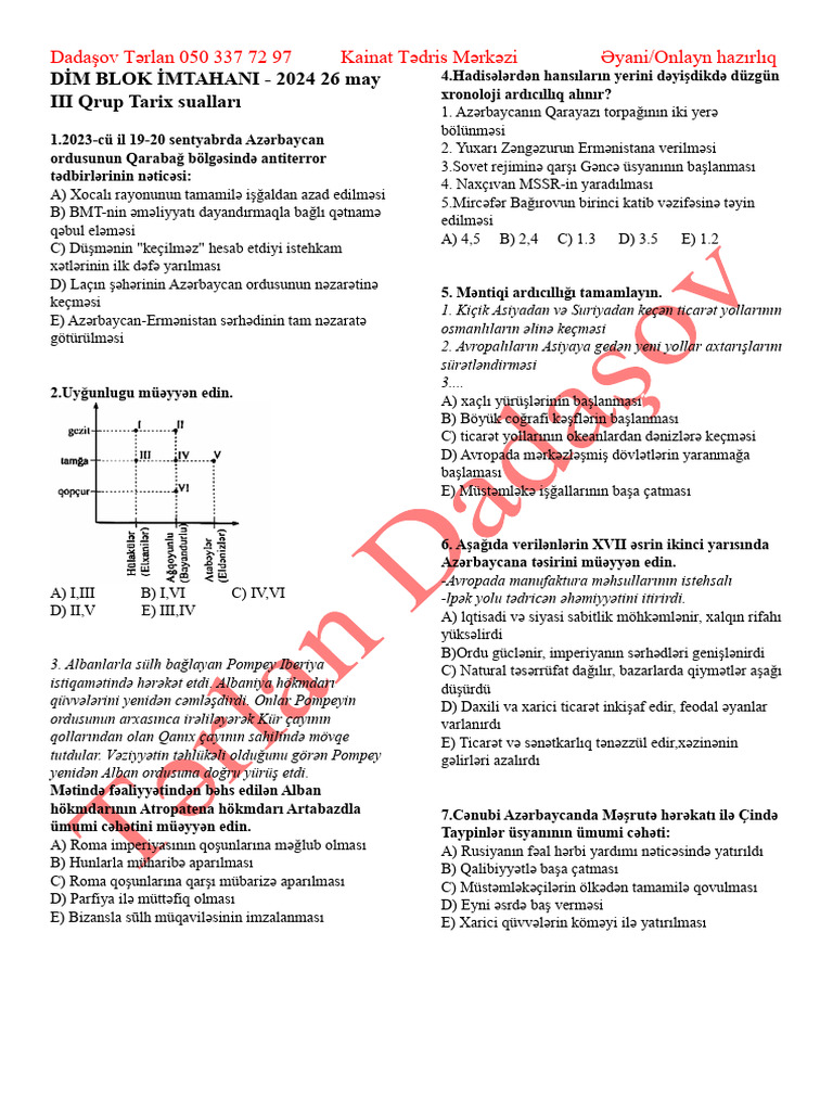 Di̇m Blok İmtahani 2024 Tarix Sualları | PDF