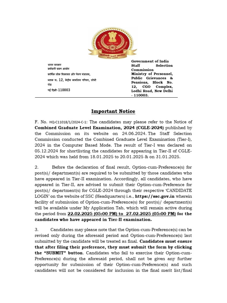 SSC CGL 2024 Preference Form With Notification | PDF | Government Of ...