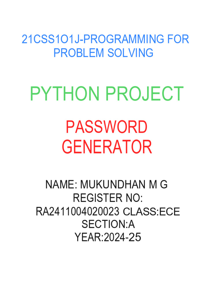 Python Project: 21Css1O1J-Programming For Problem Solving | PDF | Password | Cryptography