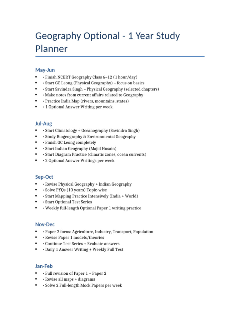 Geography Optional 1-Year Study Plan | PDF