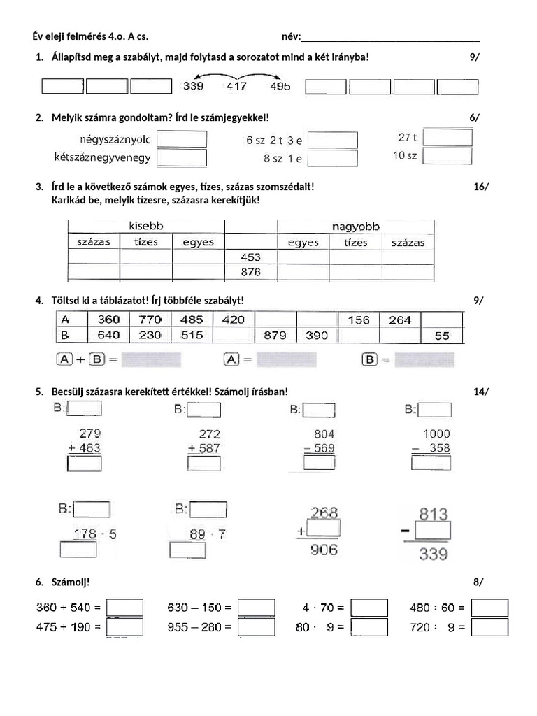 Év Eleji Matek Felmérés 4.o. | PDF