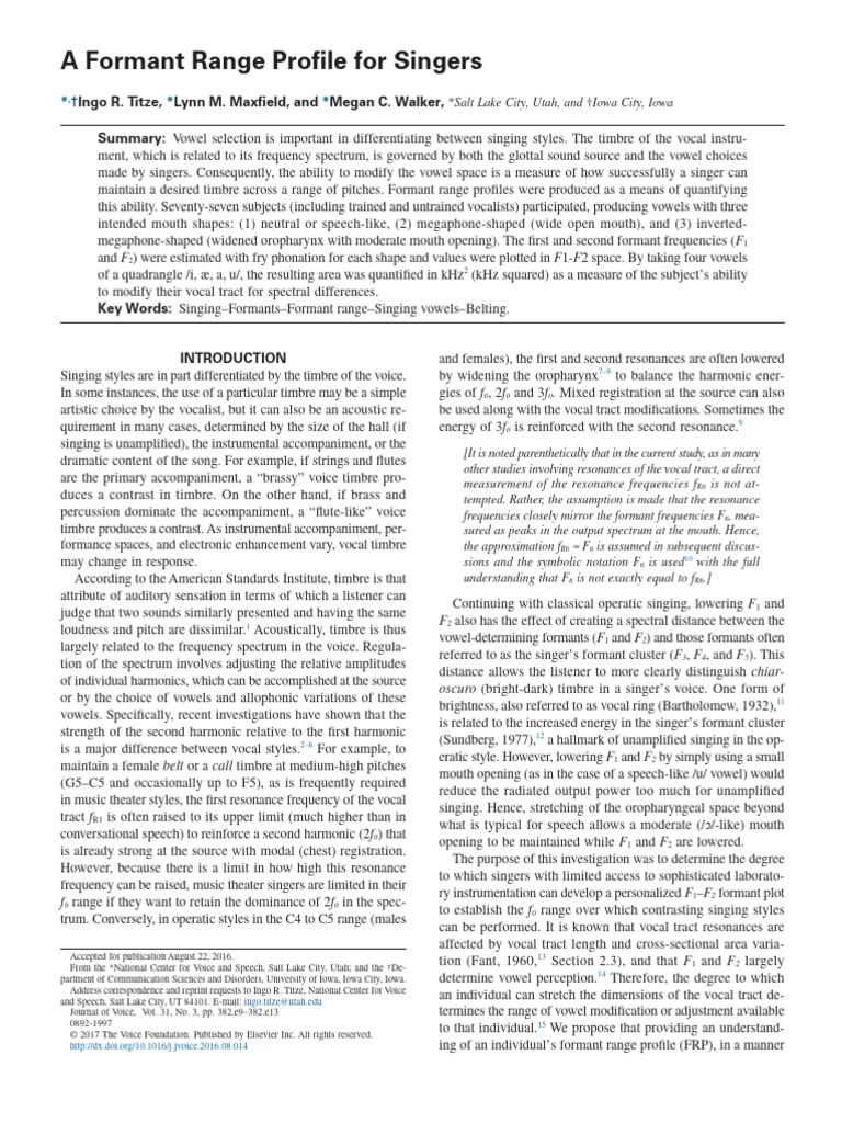 A Formant Range Profile For Singers - 2016 - Ymvj | PDF | Singing | Human Voice