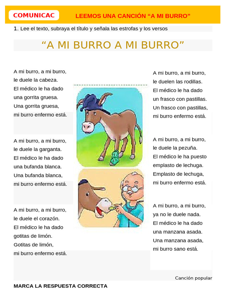 D1 A1 Ficha Com Leemos Una Canción "A Mi Burro" | PDF