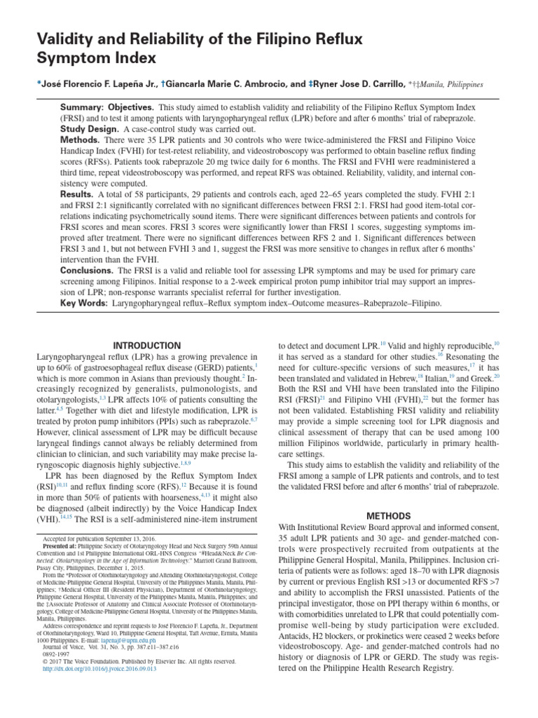 Validating the Filipino Reflux Symptom Index | PDF | Gastroesophageal ...