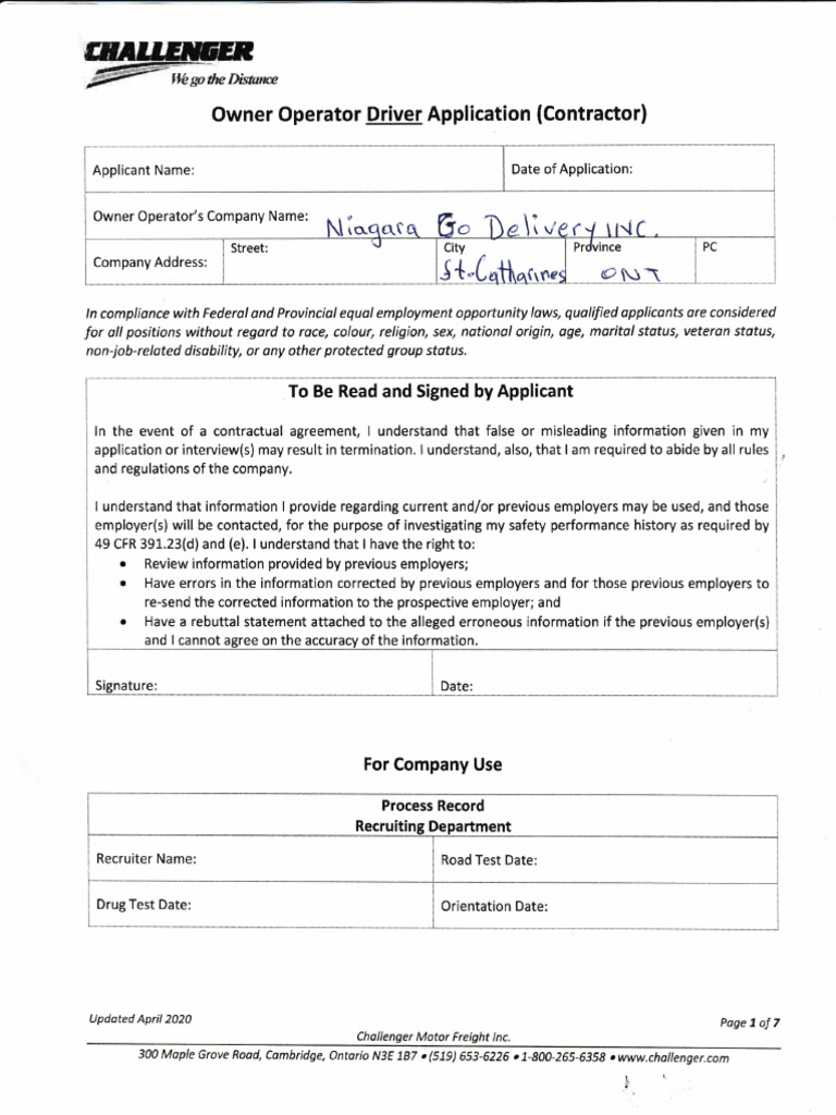 Owner Operator Driver Application | PDF