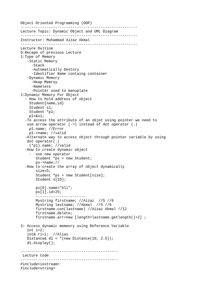 OOP - Lecture - 7 (Dynamic Object) | PDF | Pointer (Computer Programming) | Software Engineering