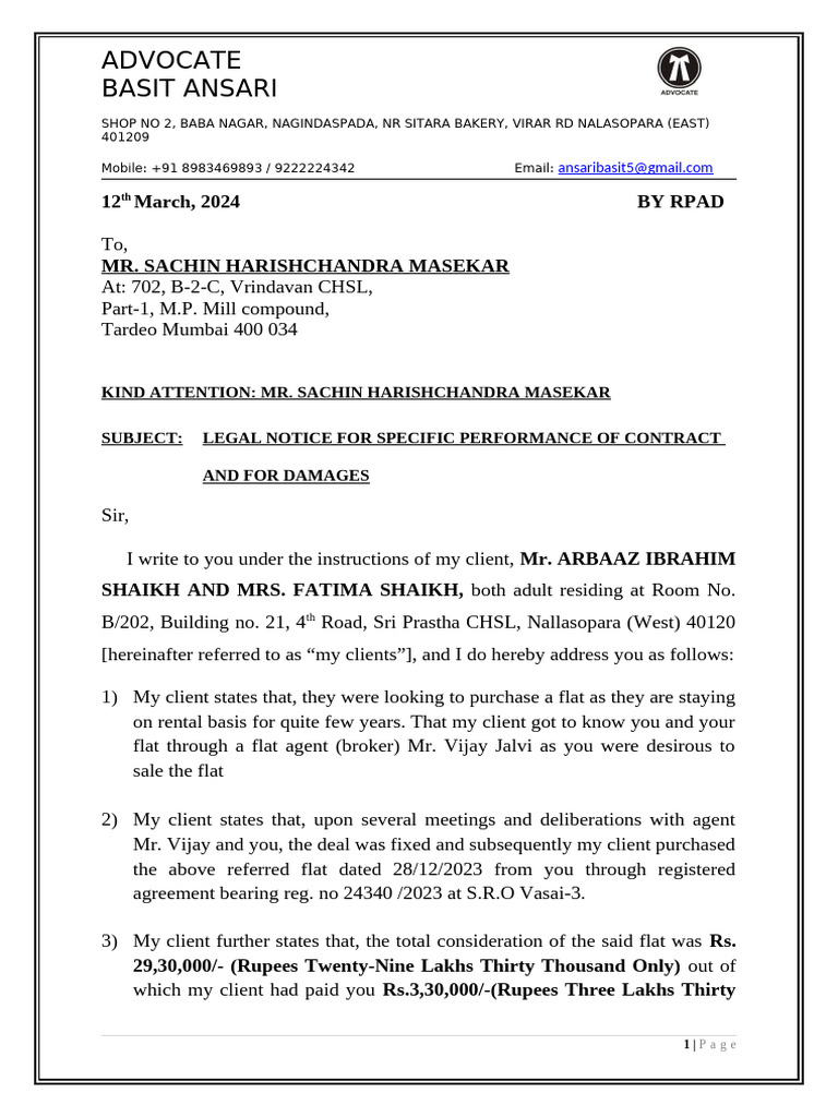 Arbaz To vendoRR SPECIFIC PERFORMANCE AND DAMAGES | PDF | Damages | Banks