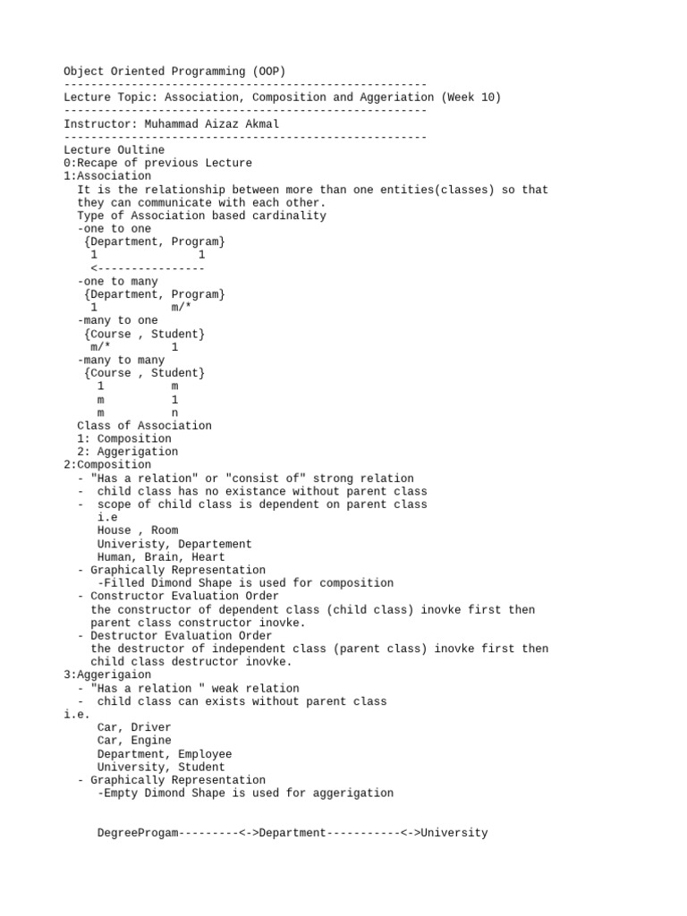 OOP - Lecture - 9 - 10 (Composition and Aggerigation) | PDF | Computer Programming | Software ...