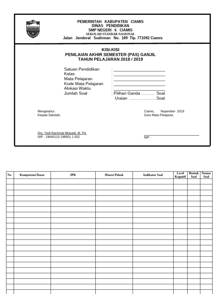 KISI-KISI Dan KARTU SOAL PAS 2018 | PDF