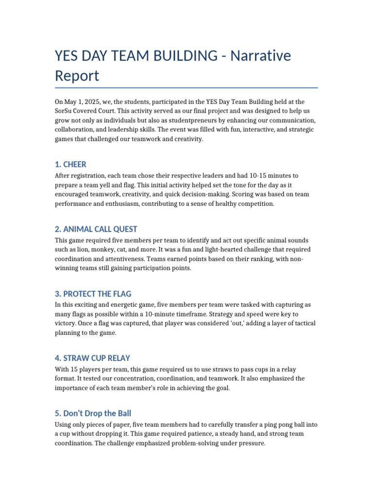 YES Day Team Building Activities Report | PDF | Organizational Behavior