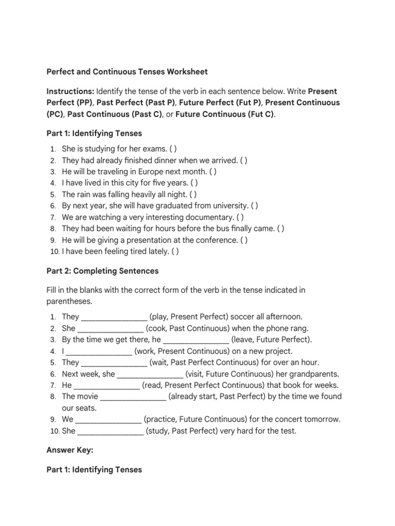 Perfect and Continuous Tenses Practice | PDF | Perfect (Grammar ...