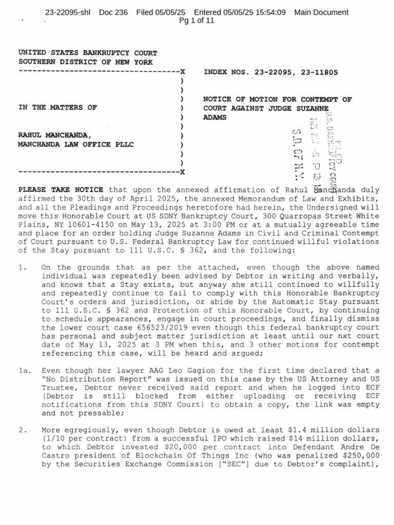 Notice of Motion For Contempt of Court Against Judge Suzanne Adams ...