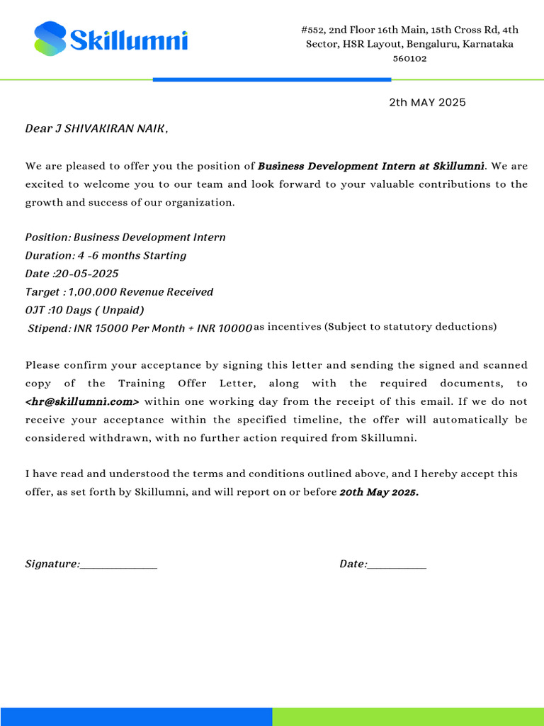 Offer Letter of J SHIVAKIRAN NAIK PDF | PDF