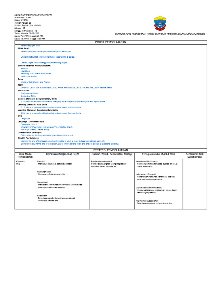 RPH Pencerapan English Y1 | PDF | Behavior Modification | Communication