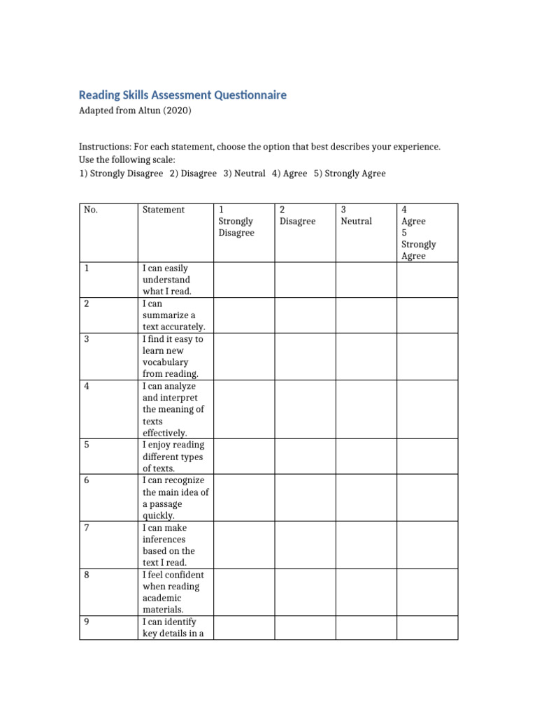 Reading Skills Assessment Questionnaire Research 113714 | PDF ...