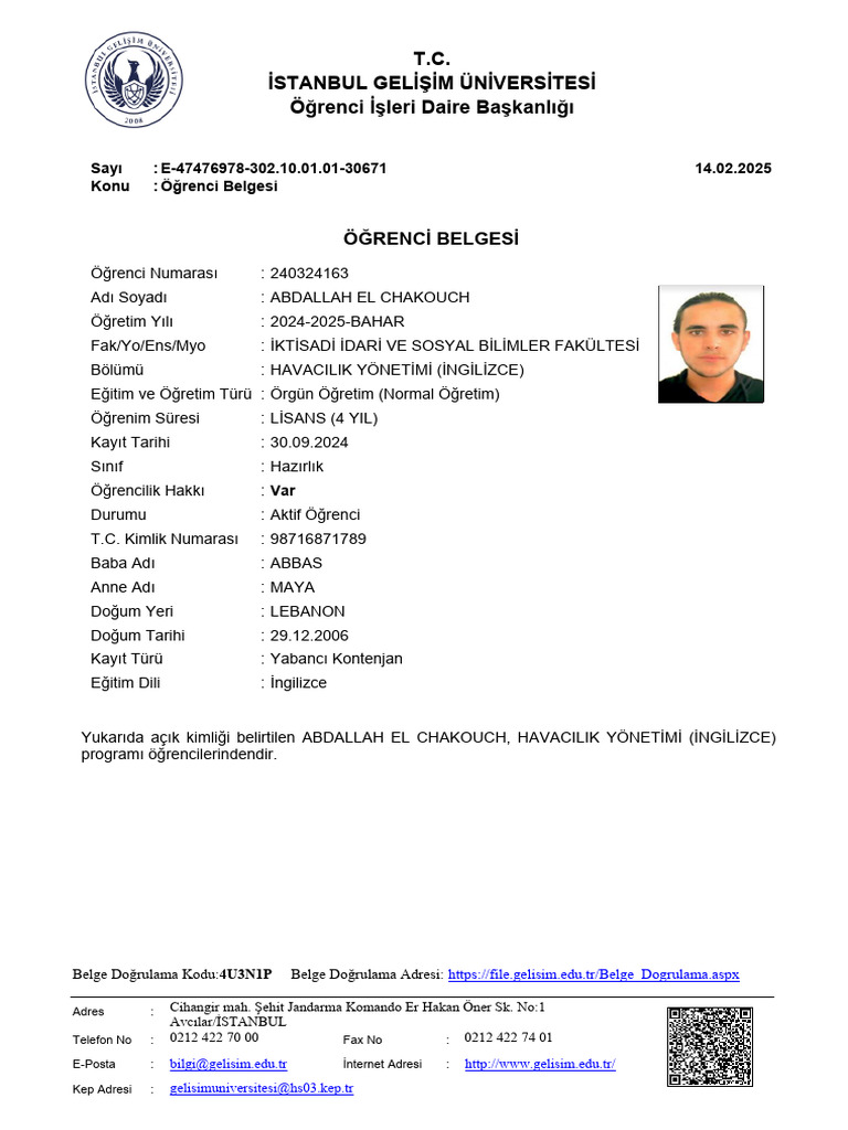 Öğrenci̇ Belgesi̇ - 4u3n1p - (240324163) | PDF