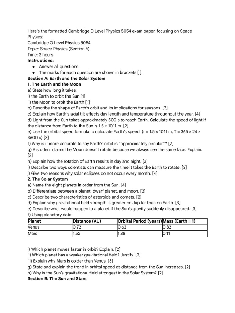 Cambridge O Level Physics 5054 - Space Physics | PDF | Stars | Sun