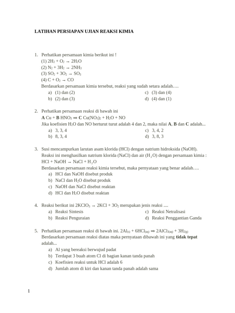 Latihan Persiapan Ujian Reaksi Kimia | PDF