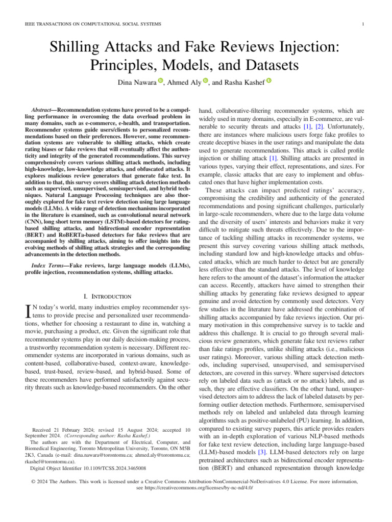 Shilling Attacks and Fake Reviews Injection Principles Models and Datasets | PDF | Computing ...