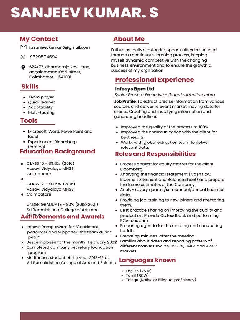 Sanjeev Kumar. S - Old Resume - SLSS | PDF | Learning