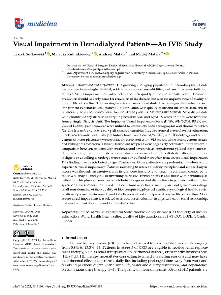 Visual Impairment in Hemodialyzed Patients-An IVIS Study | PDF | Chronic Kidney Disease ...