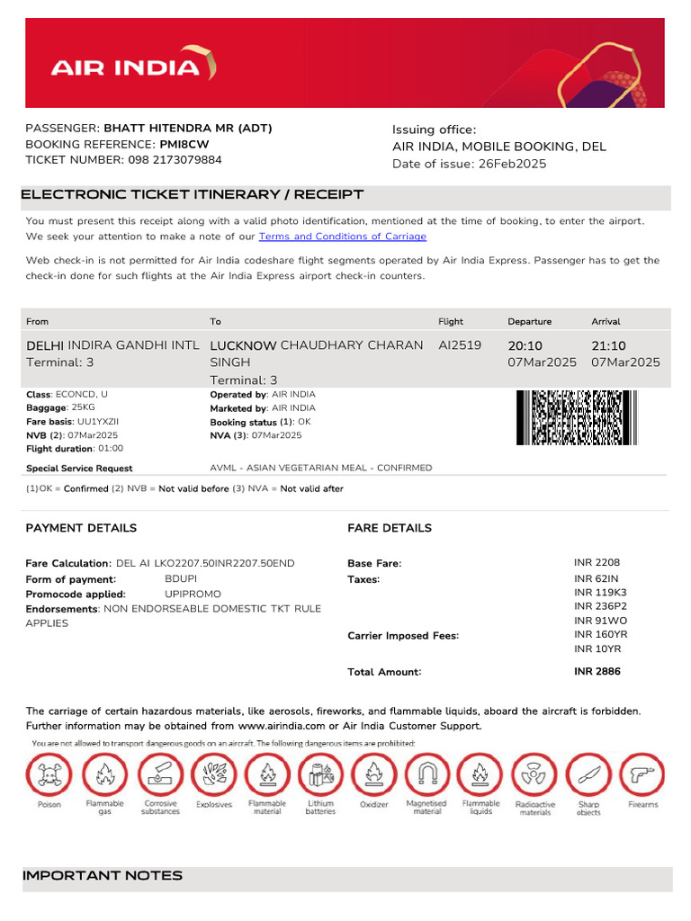 Air India Web Booking ETicket (PMI8CW) - HITENDRA-1 | PDF