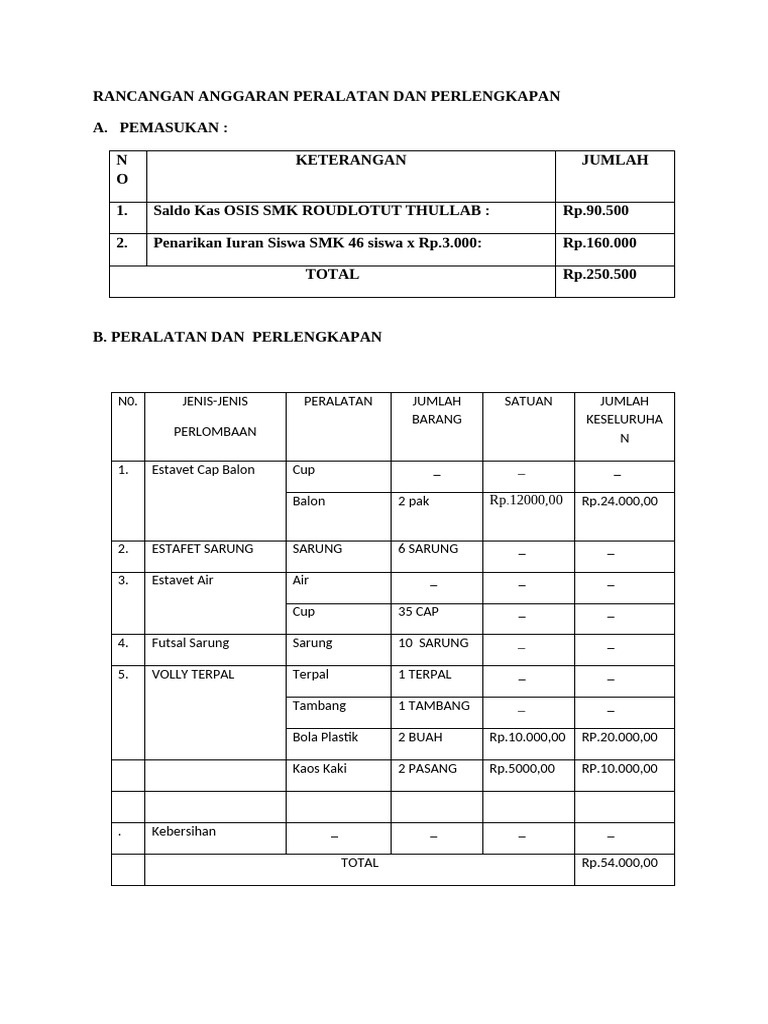 Rancangan Anggaran Peralatan Dan Perlengkapan | PDF
