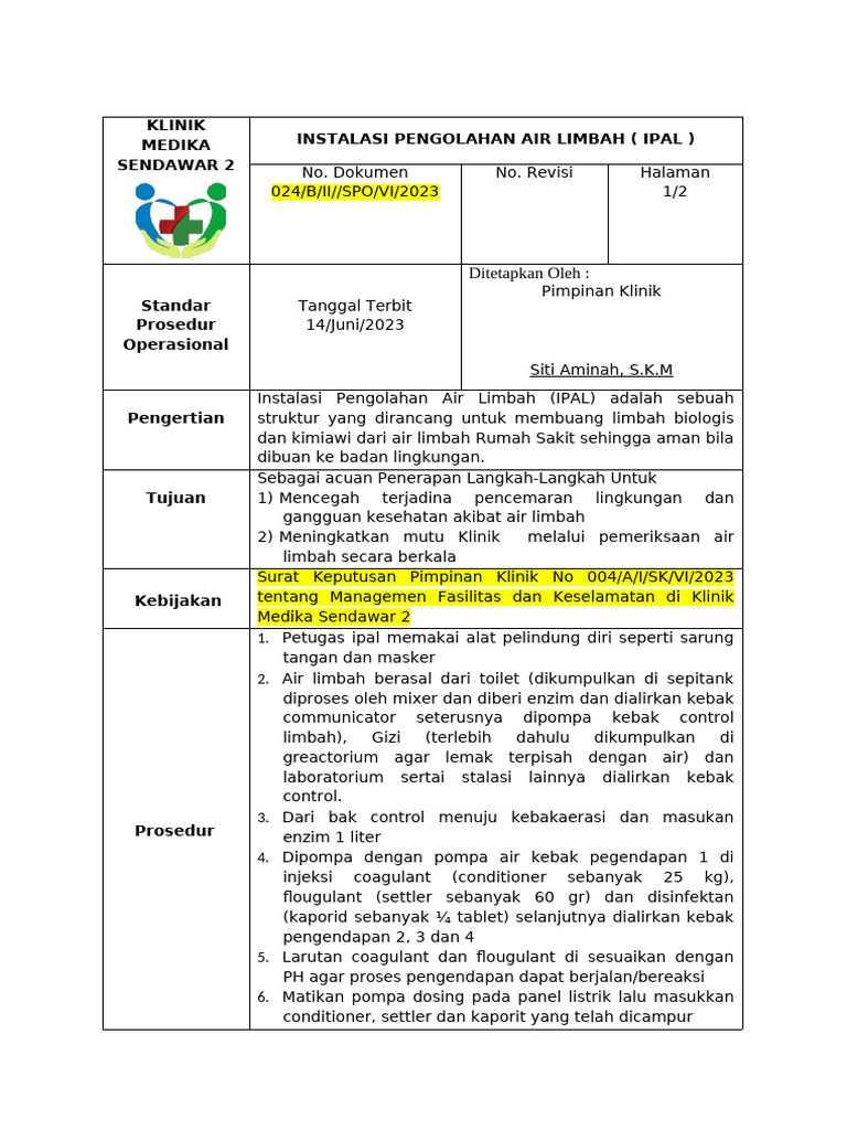 6A. SPO PENGELOLAAMN LIMBAH CAIR Revisi | PDF