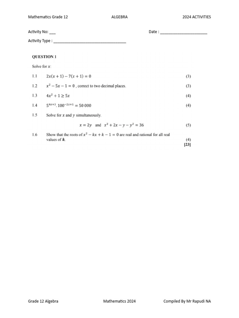 Grade 12 Algebra Activities 2024 | PDF | Mathematics | Algebra