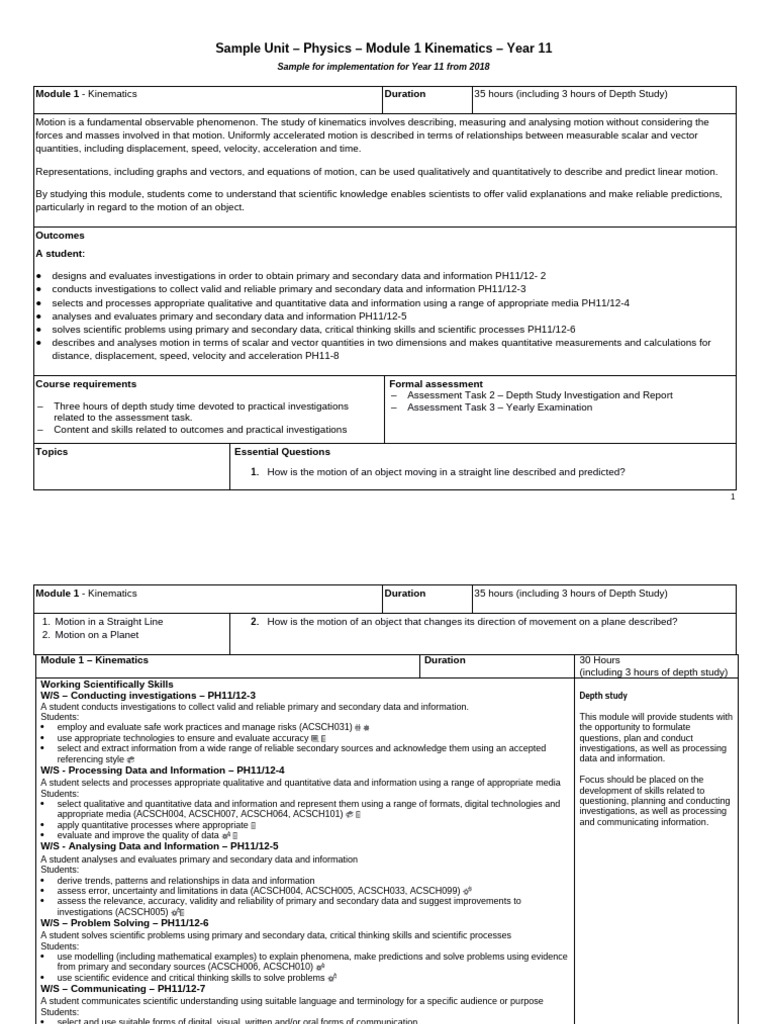 Physics Stage 6 Year 11 Sample Unit Module 1 Kinematics | PDF | Velocity | Acceleration