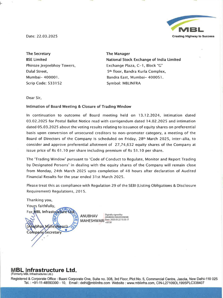 MBLINFRA_22032025172301_BMIntimation22032025 | PDF | Corporations ...