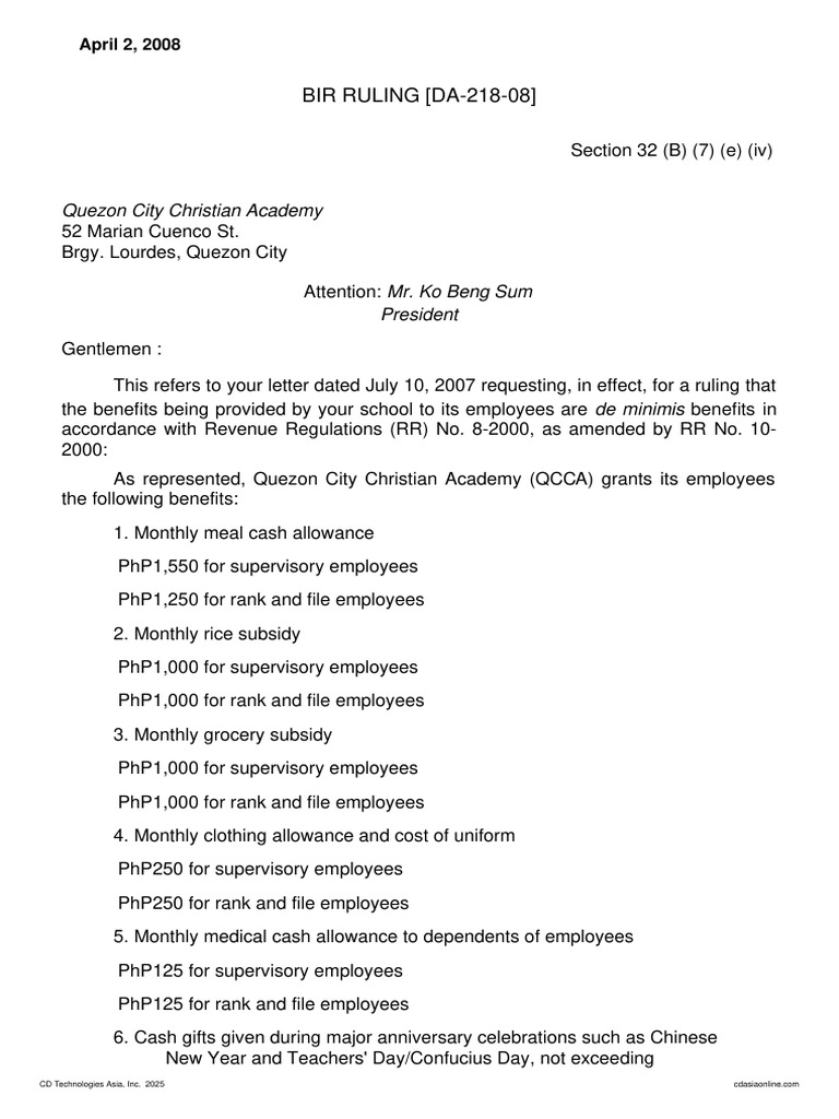 BIR Ruling - DA-218-08 Clarification On de Minimis Benefits | PDF | Taxes | Employee Benefits