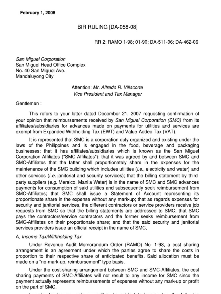 BIR Ruling - DA-058-08 Reimbursement-At-cost Trans Not Taxable | PDF