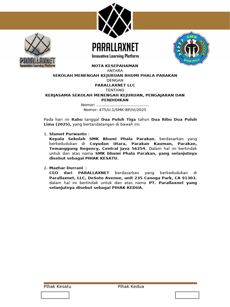 MoU Draft. Parallaxnet - SMK Bhumi Phala Parakan | PDF