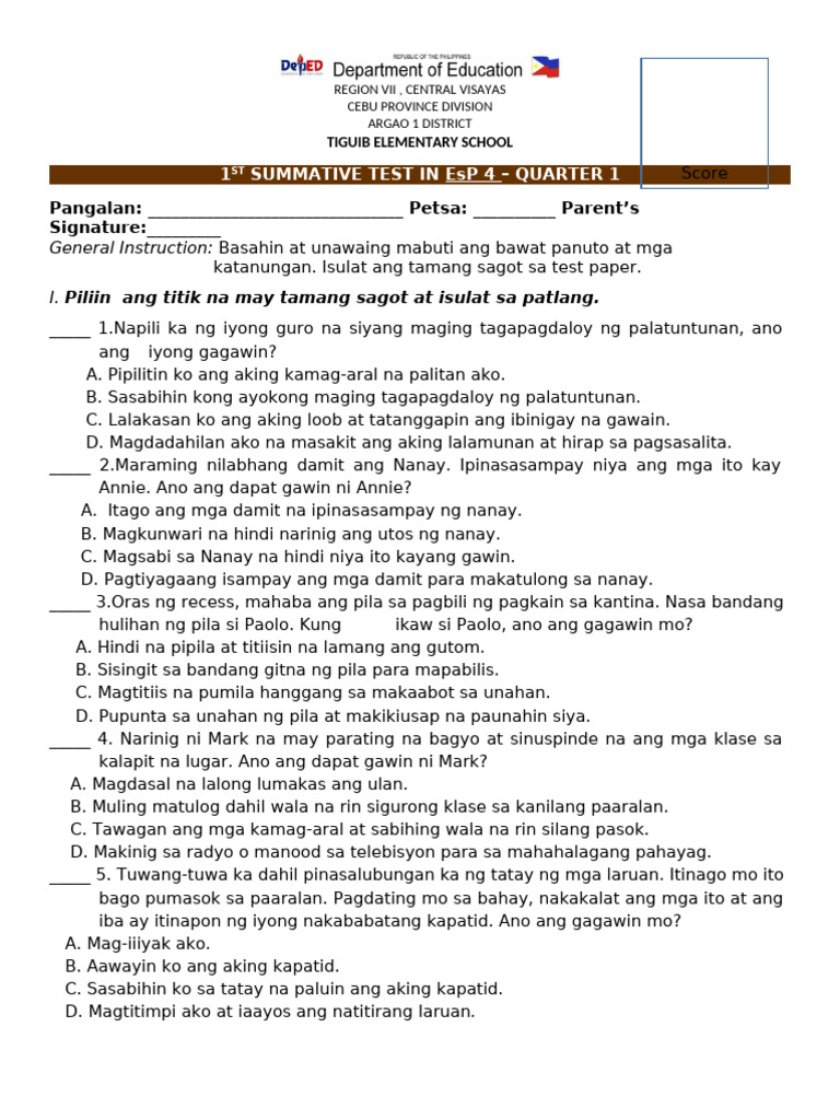 1st Summative Test in ESP 4-Q1 | PDF