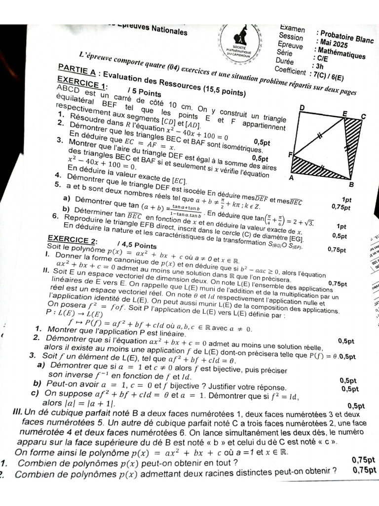 Probatoire Zero Mathematiques 2025 | PDF