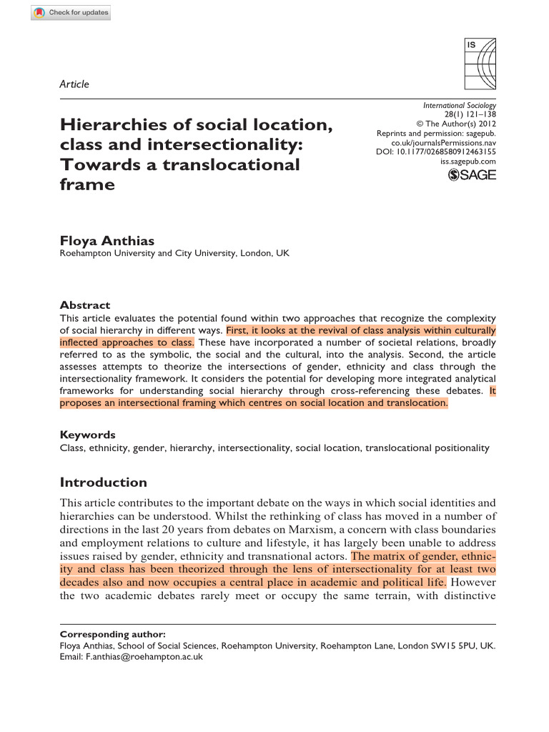 Anthias 2012 Hierarchies of Social Location Class and Intersectionality ...