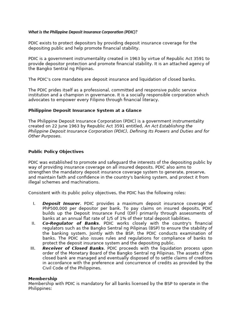 Overview of Philippine Deposit Insurance | PDF | Banks | Deposit Insurance