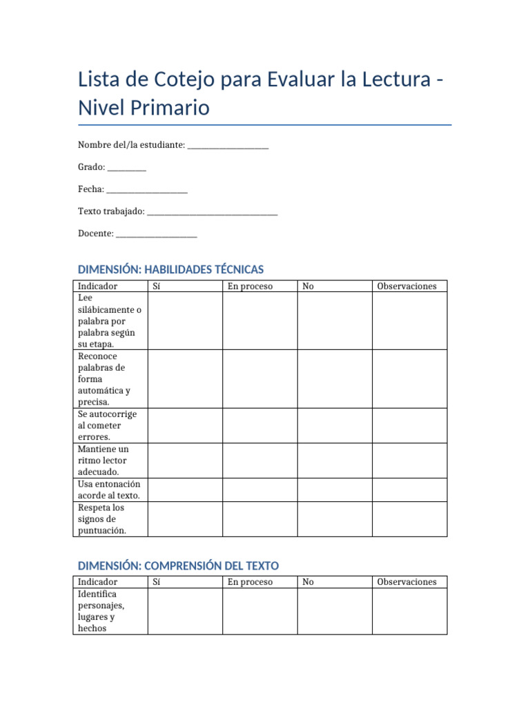 Lista de Cotejo Lectura Primaria | PDF