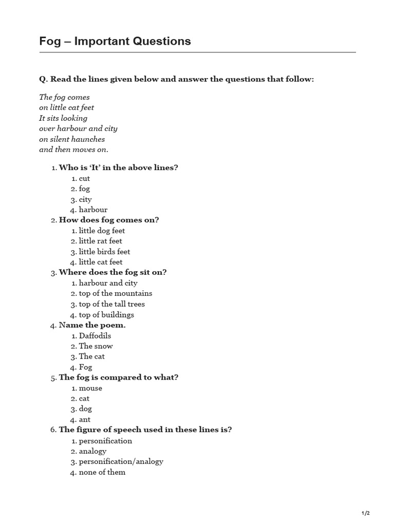Analyzing Sandburg's "Fog" Poem | PDF