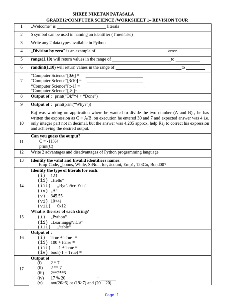 Python Revision Tour Worksheet | PDF | Python (Programming Language) | Computer Programming