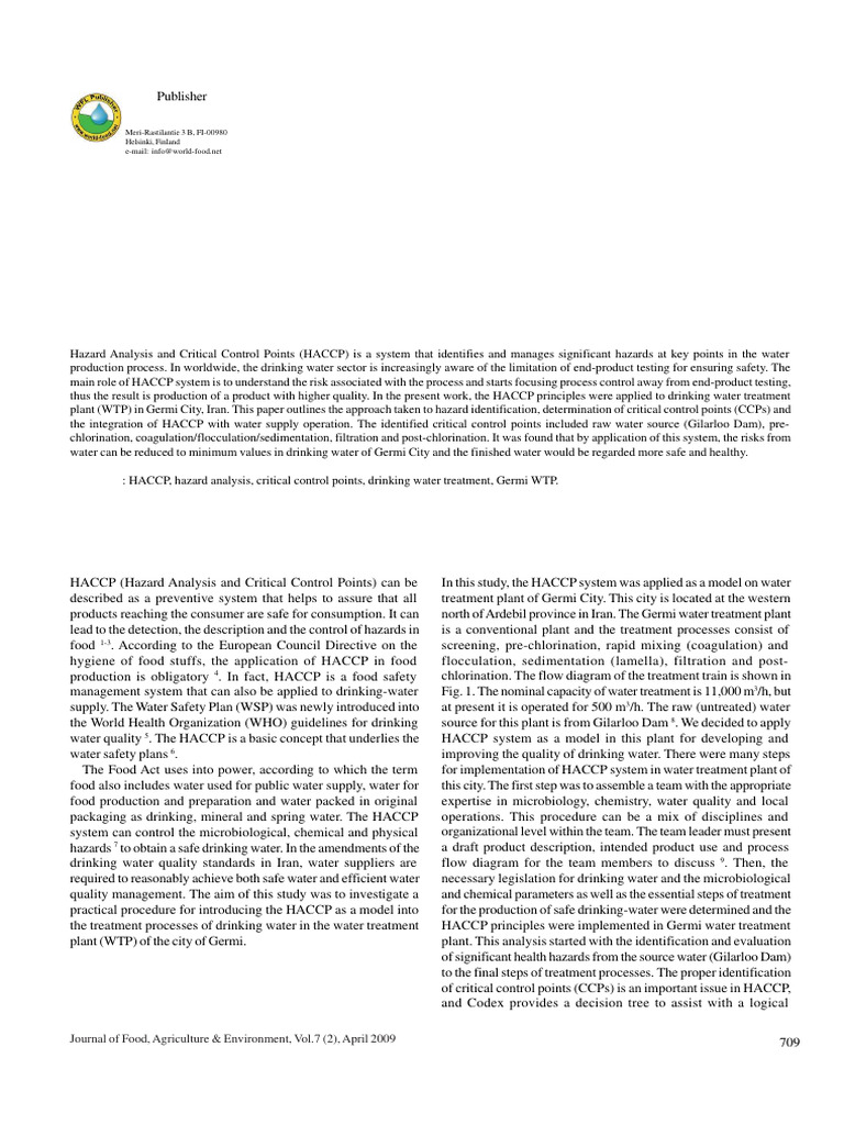 HACCP Application For Treatment of Drink | PDF | Water Purification ...