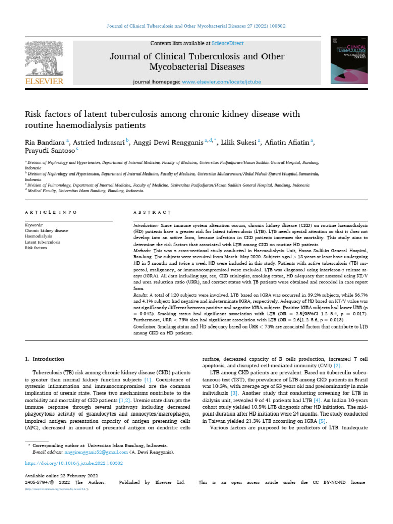 Risk factors of latent tuberculosis among chronic kidney disease with ...