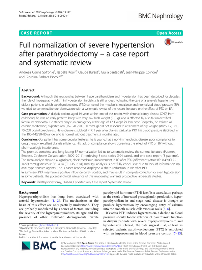 Full Normalization of Severe Hypertension After Parathryoidectomy - A Case Report and Systematic ...