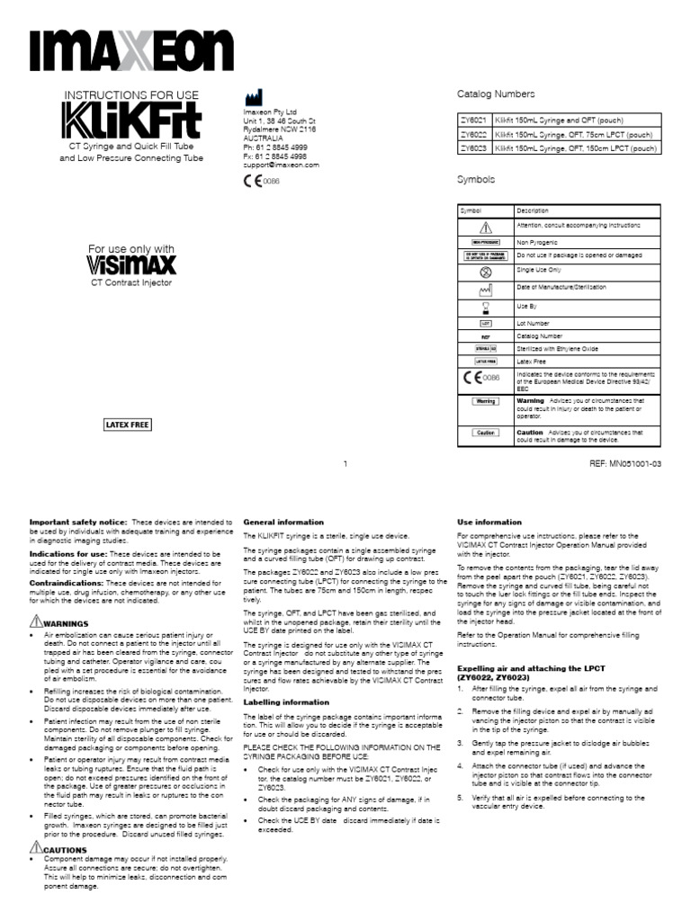 MN051001 - Imaxeon Consumables IFU | PDF | Syringe | Sterilization ...