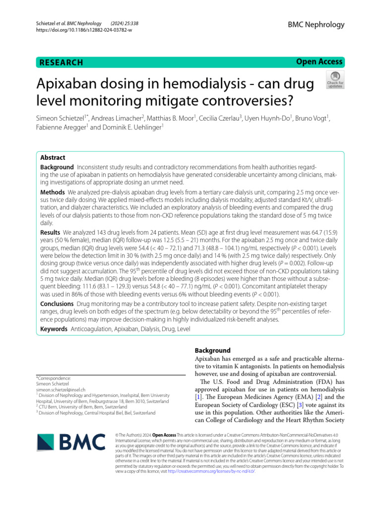 Apixaban Dosing in Hemodialysis - Can Drug Level Monitoring Mitigate ...