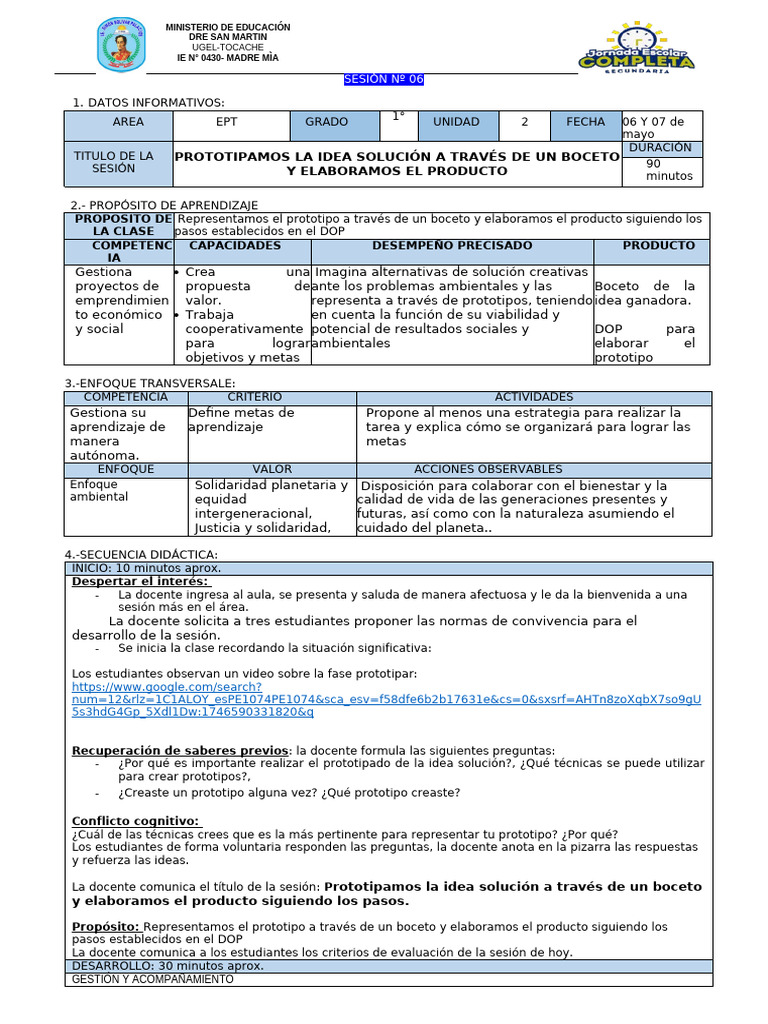 SESION 6 UNIDAD 2 EPT 1° FASE Prototipar Del DT | PDF | Maestros | Cognición