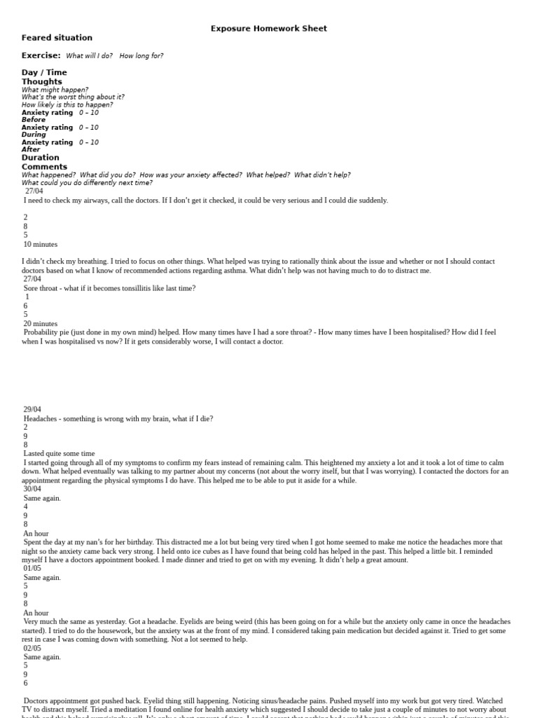 Health Anxiety Exposure Homework Sheet | PDF | Anxiety | Diseases And ...